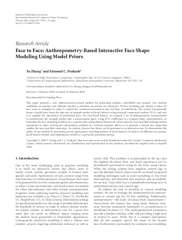 Pdf Face To Face Anthropometry Based Interactive Face Shape Modeling