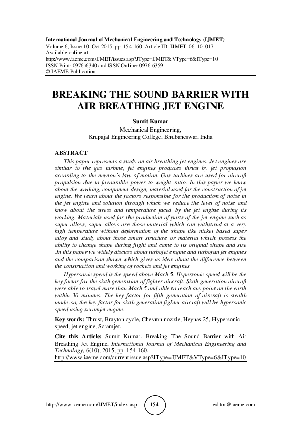 (PDF) BREAKING THE SOUND BARRIER WITH AIR BREATHING JET ENGINE