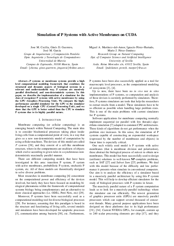 (PDF) Simulation of P systems with active membranes on CUDA