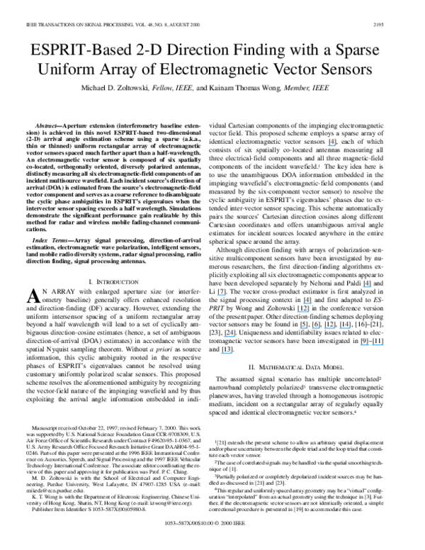 Pdf Esprit Based 2 D Direction Finding With A Sparse Uniform Array Of Electromagnetic Vector