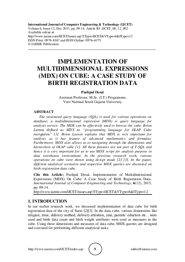 (PDF) IMPLEMENTATION OF MULTIDIMENSIONAL EXPRESSIONS (MDX) ON CUBE: A CASE STUDY OF BIRTH ...
