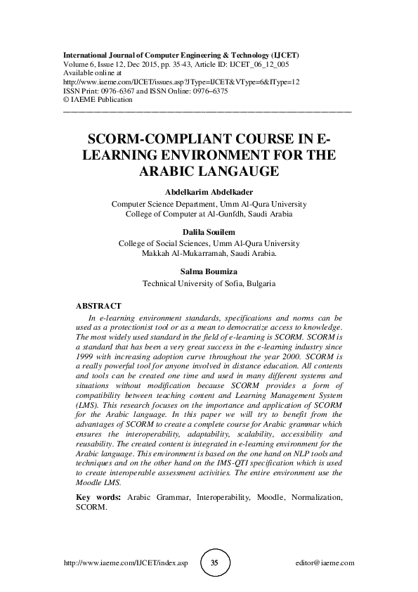 (PDF) SCORM-COMPLIANT COURSE IN E- LEARNING ENVIRONMENT FOR THE ARABIC LANGAUGE