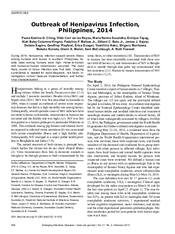 (PDF) Outbreak of Henipavirus Infection, Philippines, 2014