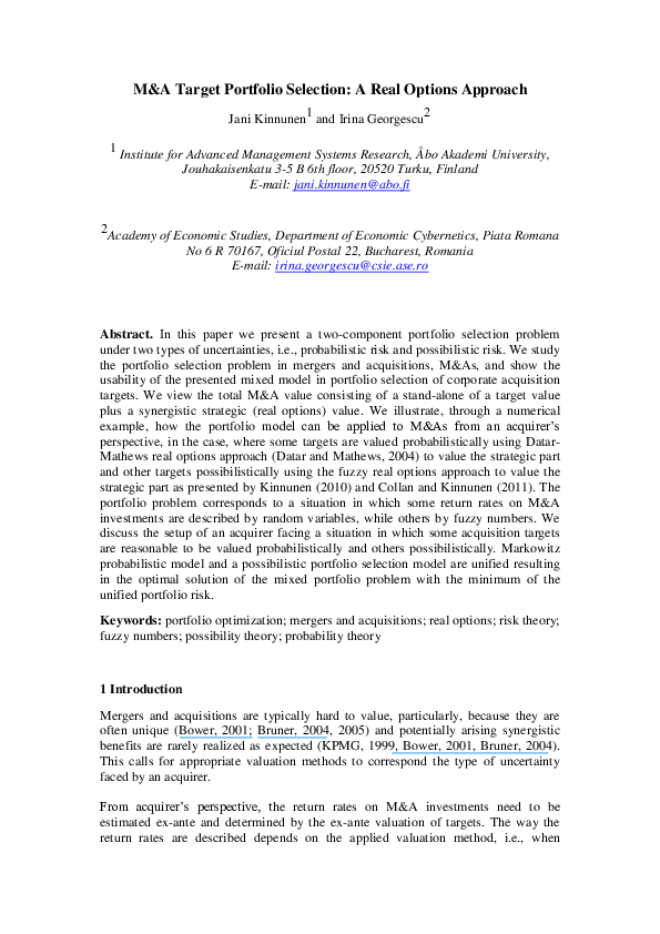(PDF) M&A Target Portfolio Selection: A Real Options Approach