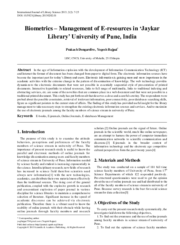 (PDF) Biometrics – Management of E-resources in ‘Jaykar Library ...