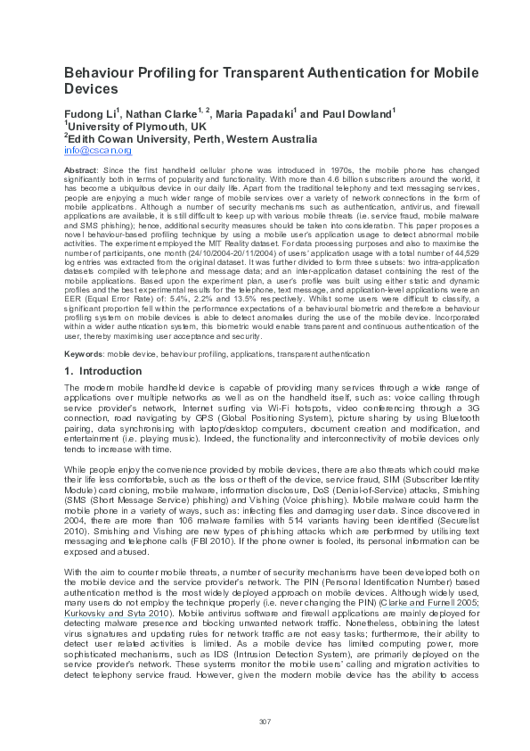 (PDF) Behaviour profiling for transparent authentication for mobile devices | Paul Dowland ...