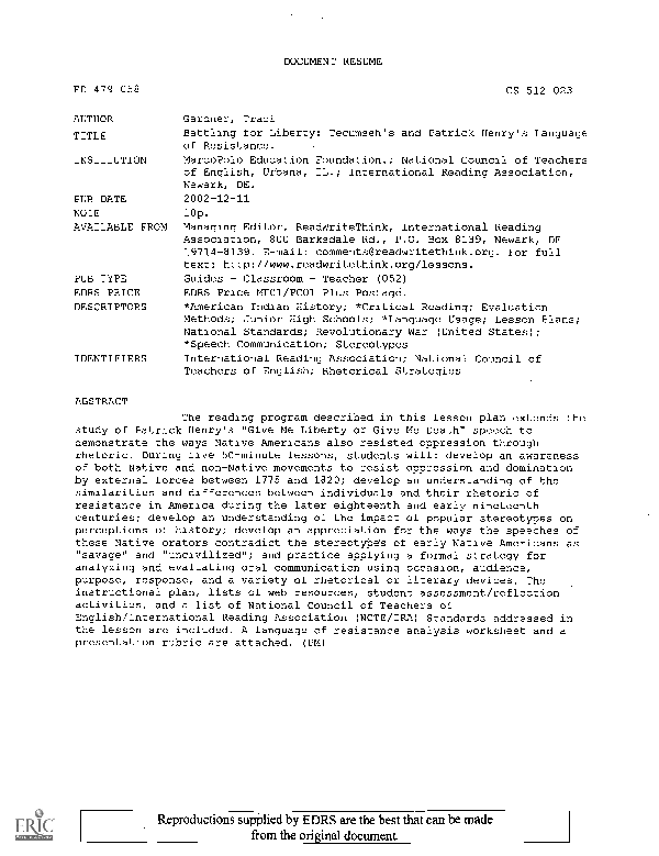 (PDF) Battling for Liberty: Tecumseh's and Patrick Henry's Language of ...