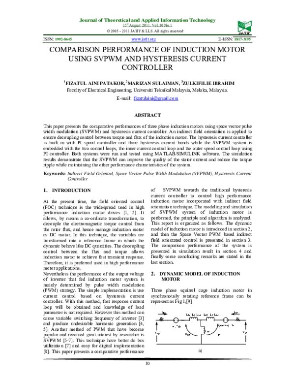 (PDF) Comparison Performance of Induction Motor Using SVPWM and Hysteresis Current Controller