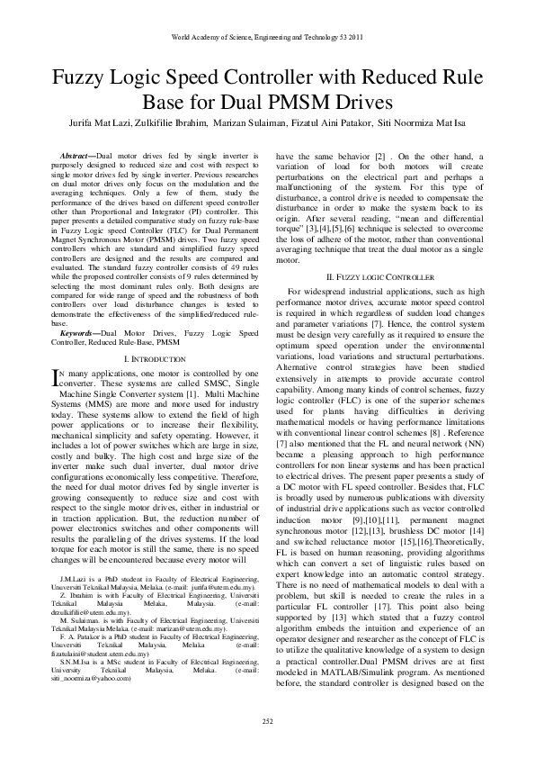 (PDF) Fuzzy Logic Speed Controller with Reduced Rule Base for Dual PMSM Drives