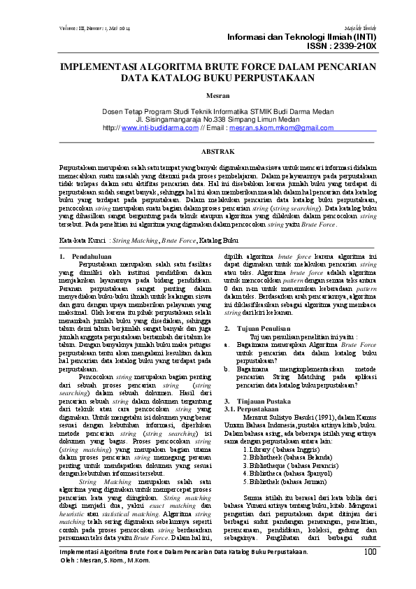 (PDF) IMPLEMENTASI ALGORITMA BRUTE FORCE DALAM PENCARIAN DATA KATALOG BUKU PERPUSTAKAAN