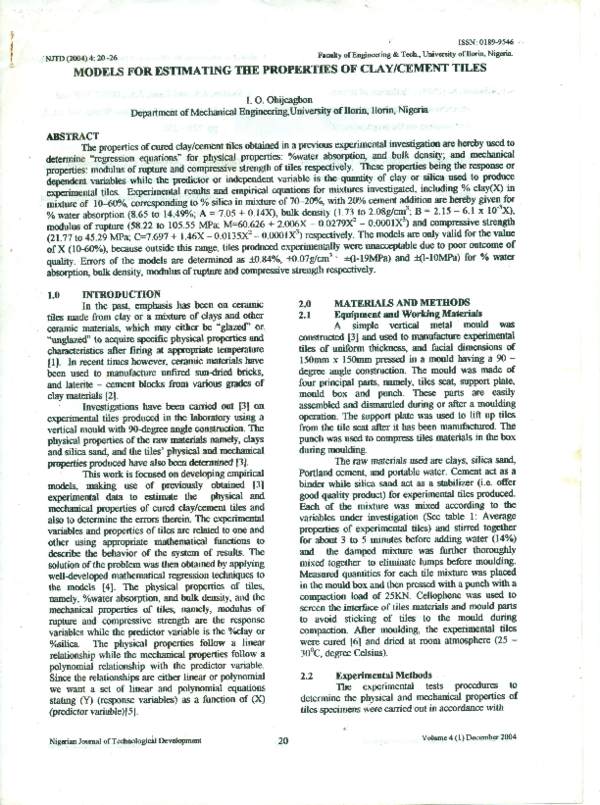 Models for Estimating the Properties of Clay Cement Tiles