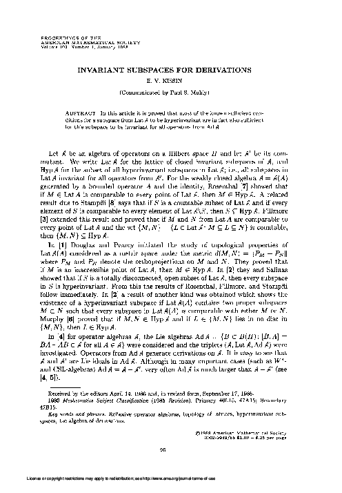 (PDF) Invariant subspaces for derivations