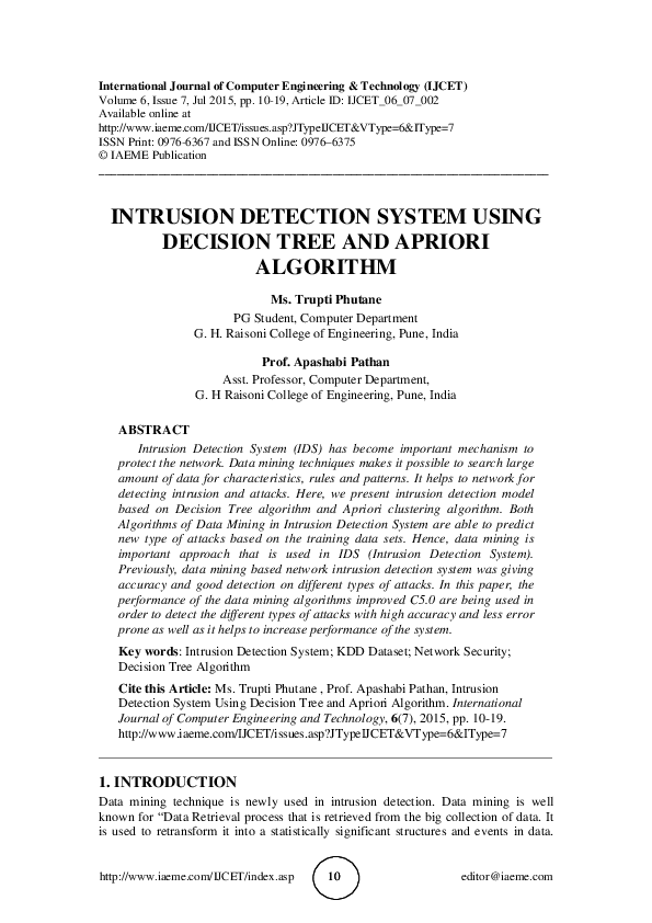 Pdf Intrusion Detection System Using Decision Tree And Apriori Algorithm Iaeme Publication