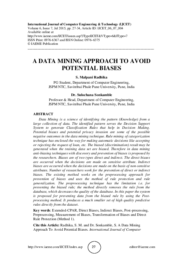 (PDF) A DATA MINING APPROACH TO AVOID POTENTIAL BIASES