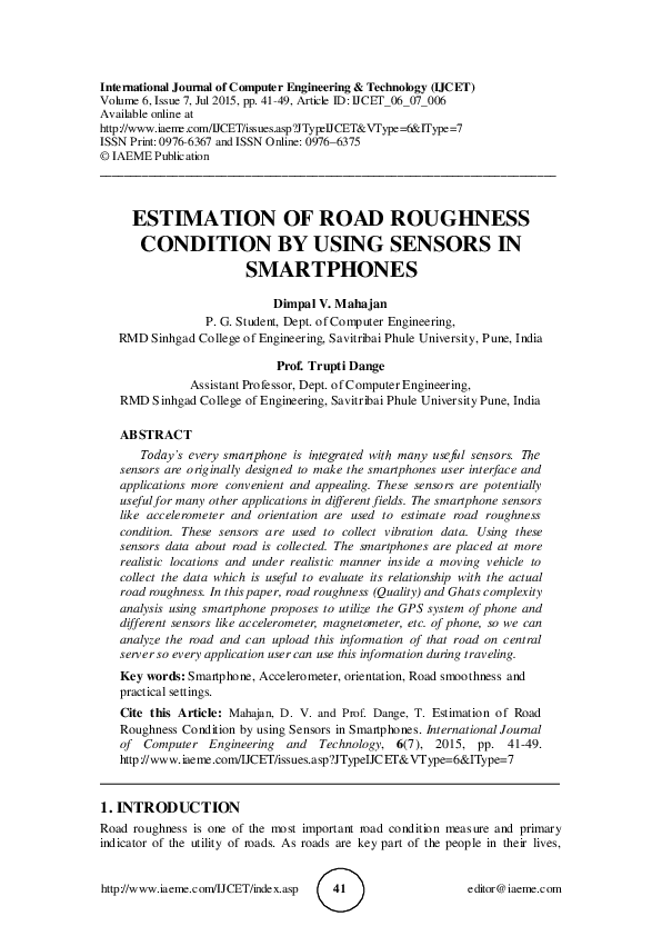 (PDF) ESTIMATION OF ROAD ROUGHNESS CONDITION BY USING SENSORS IN SMARTPHONES