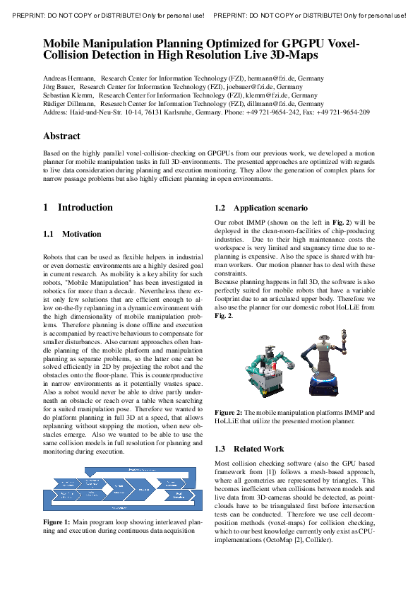 Pdf Mobile Manipulation Planning Optimized For Gpgpu Voxel Collision Detection In High