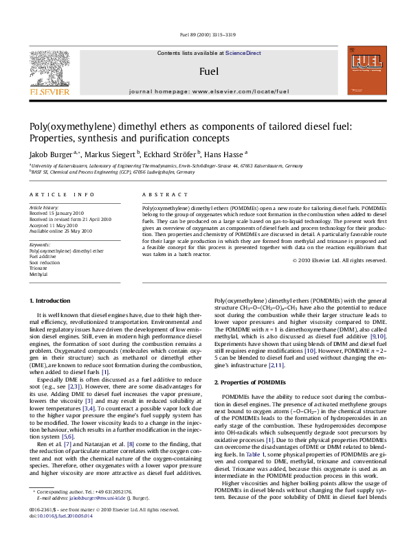 (PDF) Poly(oxymethylene) dimethyl ethers as components of tailored ...