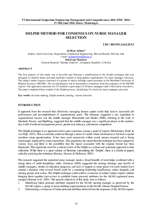 (PDF) DELPHI METHOD FOR CONSENSUS ON NURSE MANAGER SELECTION