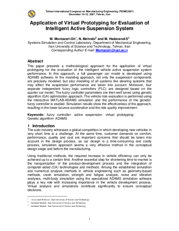 Pdf Application Of Virtual Prototyping For Optimization Of Fuzzy Based Active Suspension System