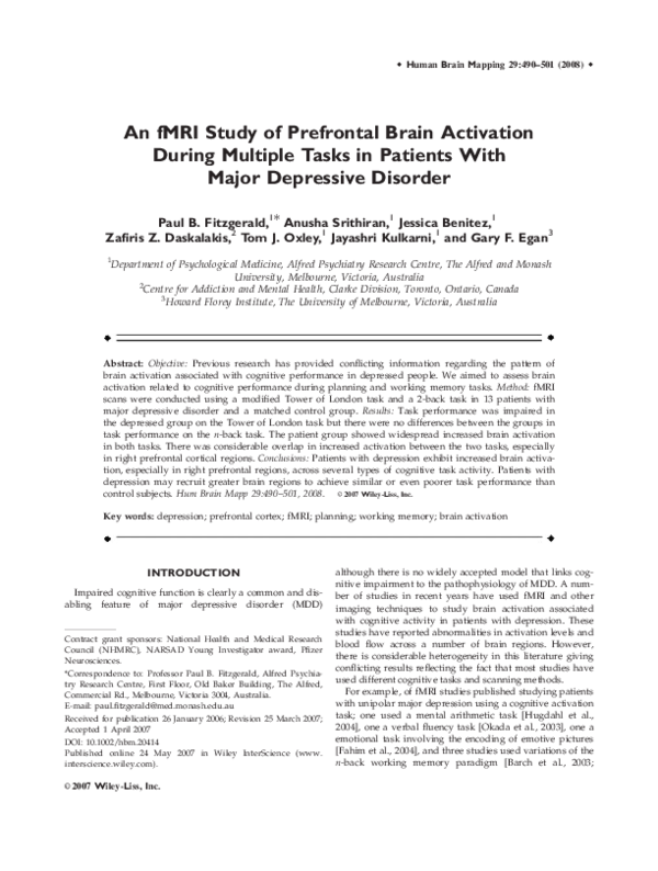 (PDF) An fMRI study of prefrontal brain activation during multiple tasks in patients with major ...