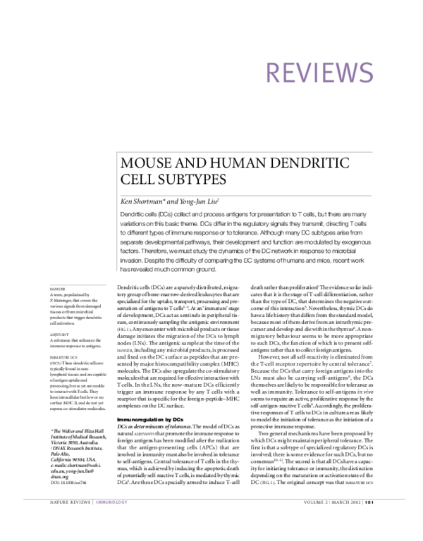 (PDF) Mouse and human dendritic cell subtypes