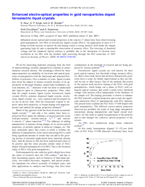 (PDF) Enhanced electro-optical properties in gold nanoparticles doped ferroelectric liquid crystals