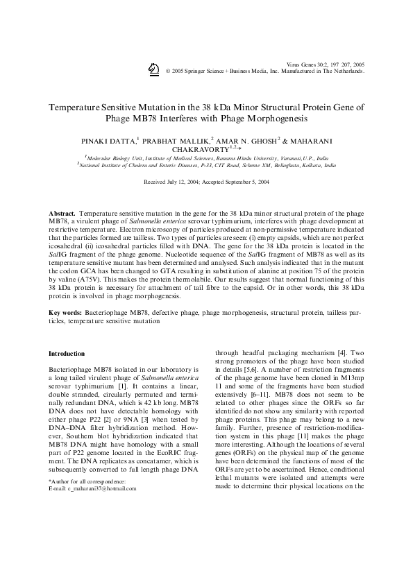 (PDF) Temperature Sensitive Mutation in the 38 kDa Minor Structural ...