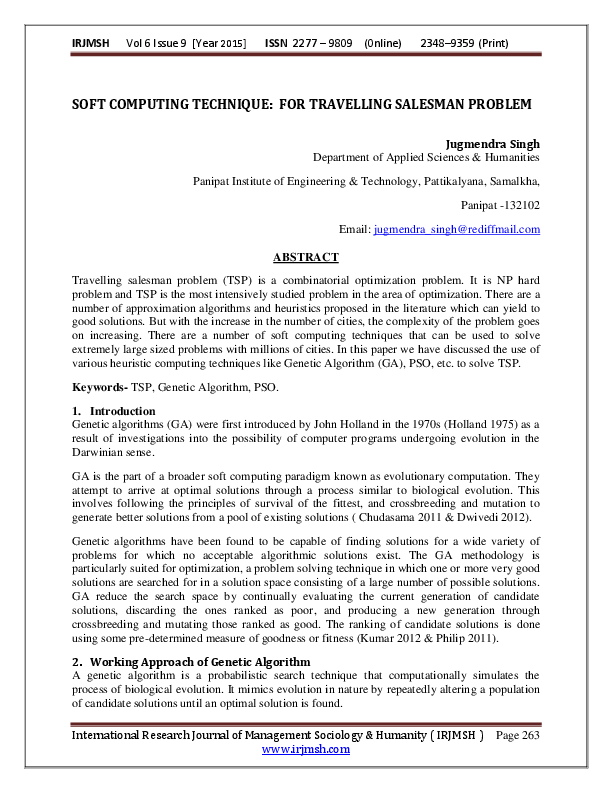 Pdf Soft Computing Technique For Travelling Salesman Problem