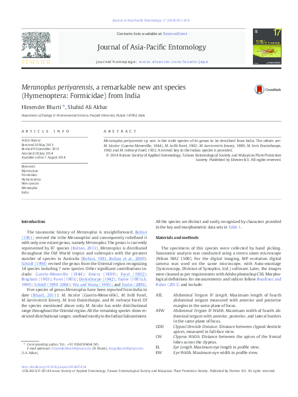 (PDF) Meranoplus periyarensis, a remarkable new ant species (Hymenoptera: Formicidae) from India