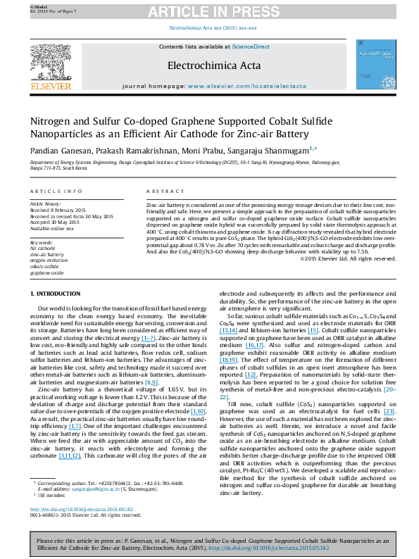 (PDF) Nitrogen and Sulfur Co-doped Graphene Supported Cobalt Sulfide Nanoparticles as an ...