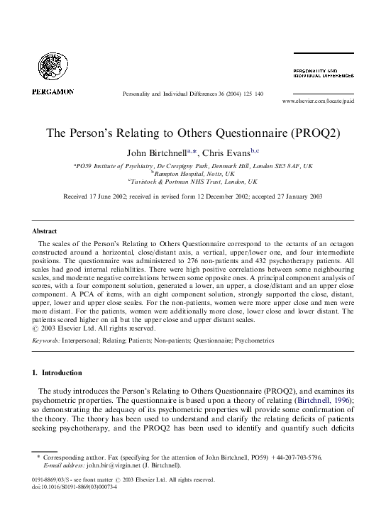 (PDF) The Person's Relating to Others Questionnaire (PROQ2)