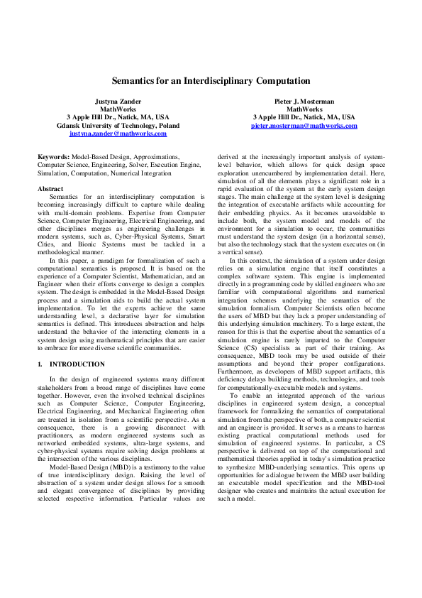 Pdf Semantics For An Interdisciplinary Computation Pieter J Mosterman
