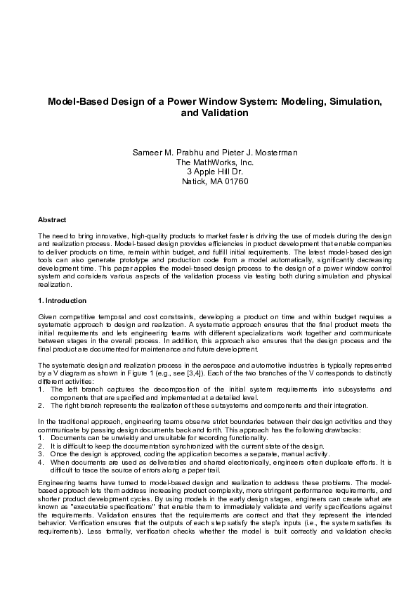 (PDF) Model-Based Design of a Power Window System: Modeling, Simulation and Validation