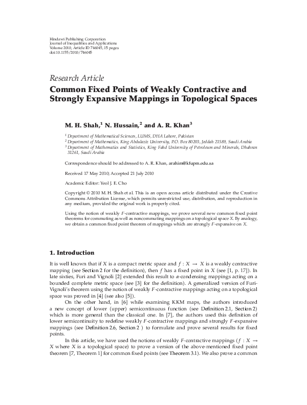 (PDF) Common Fixed Points of Weakly Contractive and Strongly Expansive Mappings in Topological ...