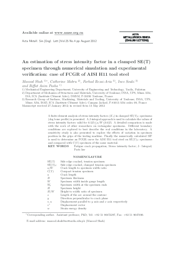 (PDF) An estimation of stress intensity factor in a clamped SE(T ...