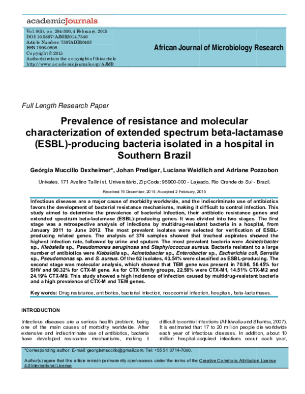 (PDF) Prevalence of resistance and molecular characterization of extended spectrum beta ...