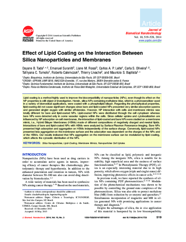 (PDF) Effect of Lipid Coating on the Interaction Between Silica ...