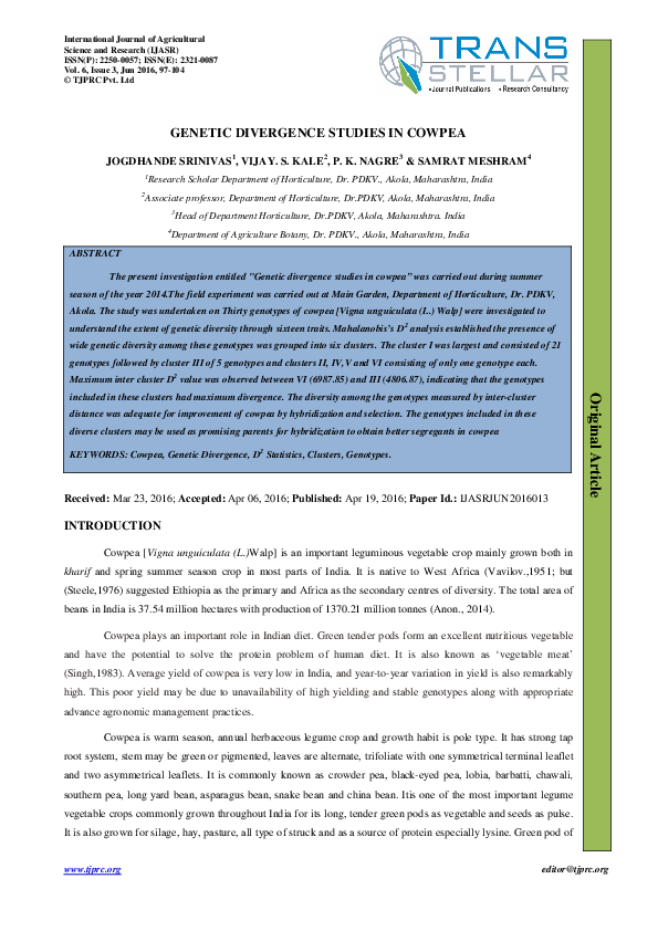 (PDF) GENETIC DIVERGENCE STUDIES IN COWPEA
