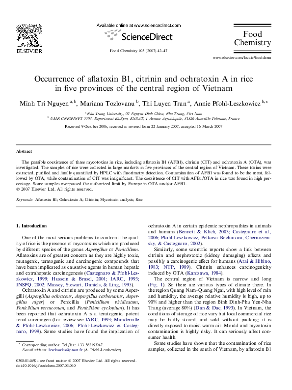 (PDF) Occurrence of aflatoxin B1, citrinin and ochratoxin A in rice in ...