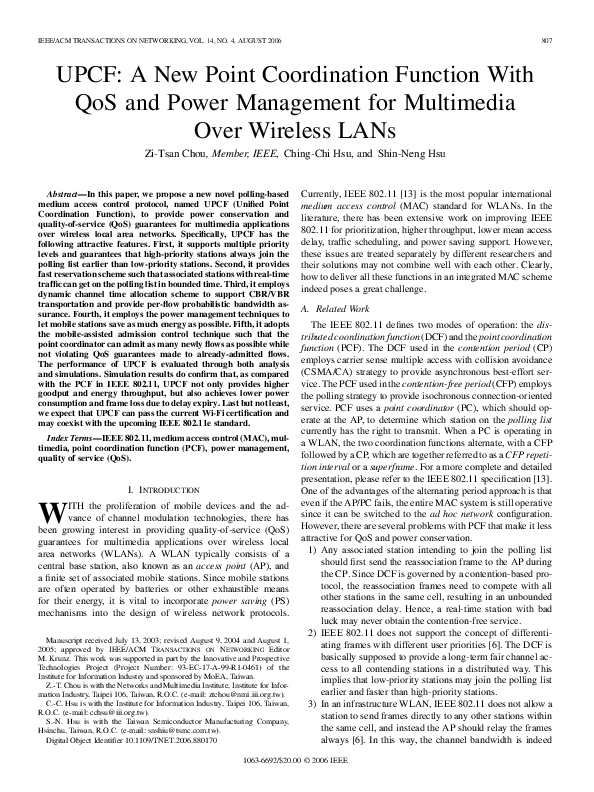 Pdf Upcf A New Point Coordination Function With Qos And Power Management For Multimedia Over