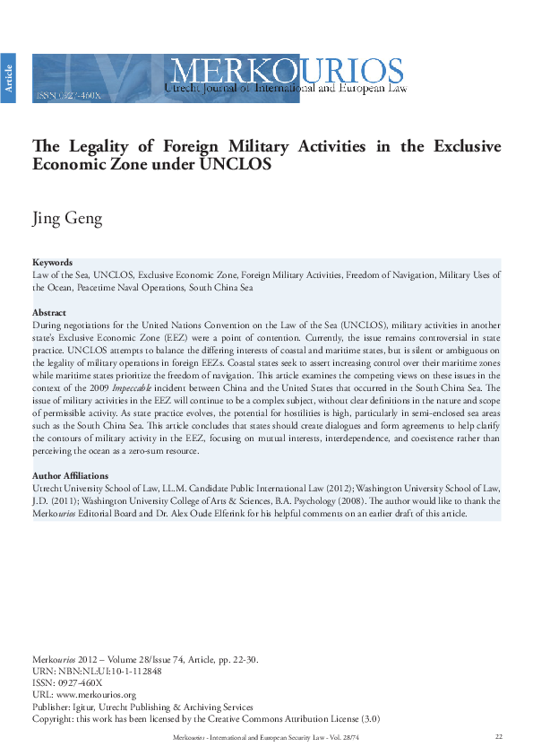 (PDF) The Legality of Foreign Military Activities in the Exclusive ...