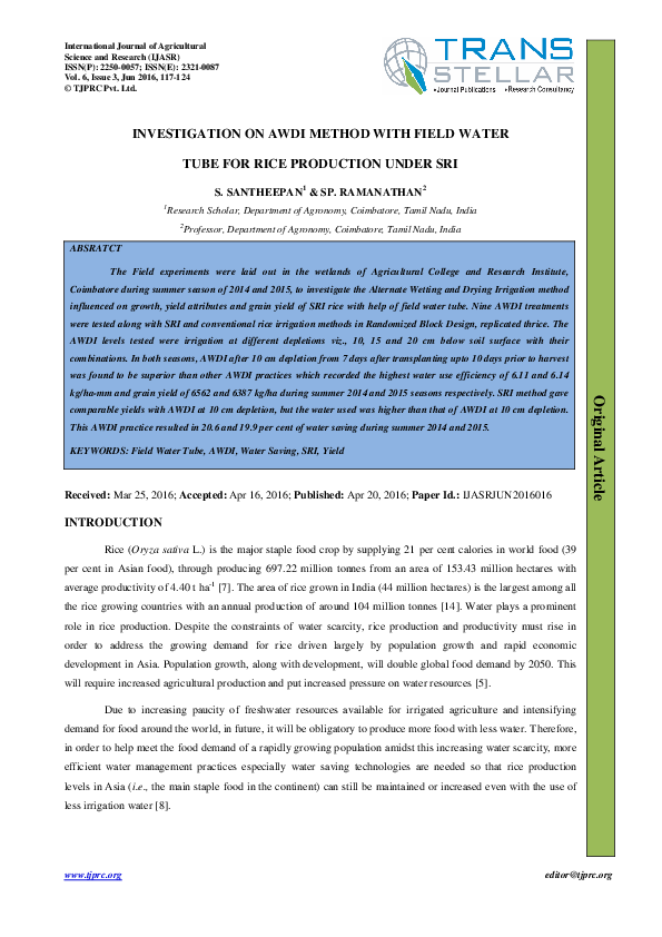 (PDF) INVESTIGATION ON AWDI METHOD WITH FIELD WATER TUBE FOR RICE ...