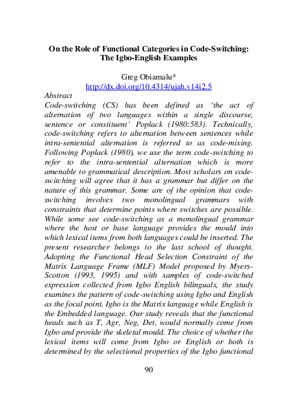 (PDF) On the Role of Functional Categories in Code-Switching: The Igbo-English Examples | Greg ...
