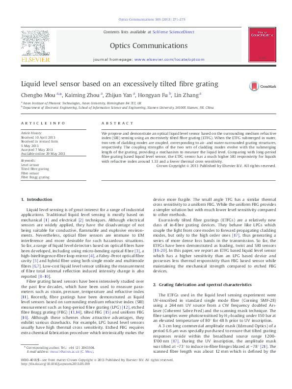 (PDF) Liquid level sensor based on an excessively tilted fibre grating