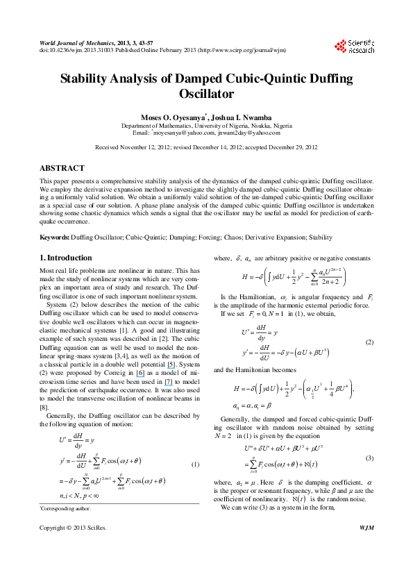 (PDF) Stability Analysis of Damped Cubic-Quintic Duffing Oscillator