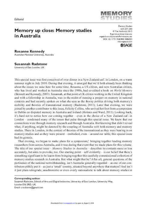 (PDF) Memory up close: Memory studies in Australia