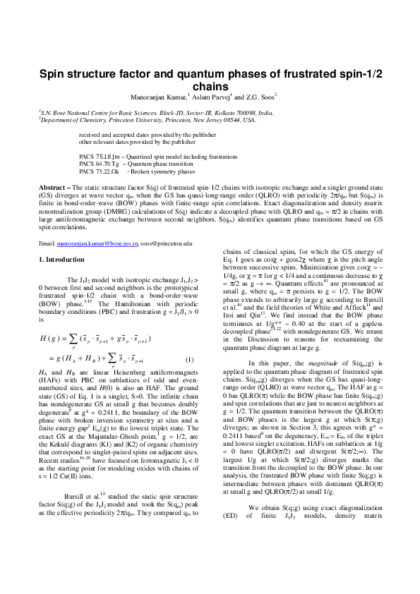 (PDF) Spin structure factor and quantum phases of frustrated spin-1/2 ...