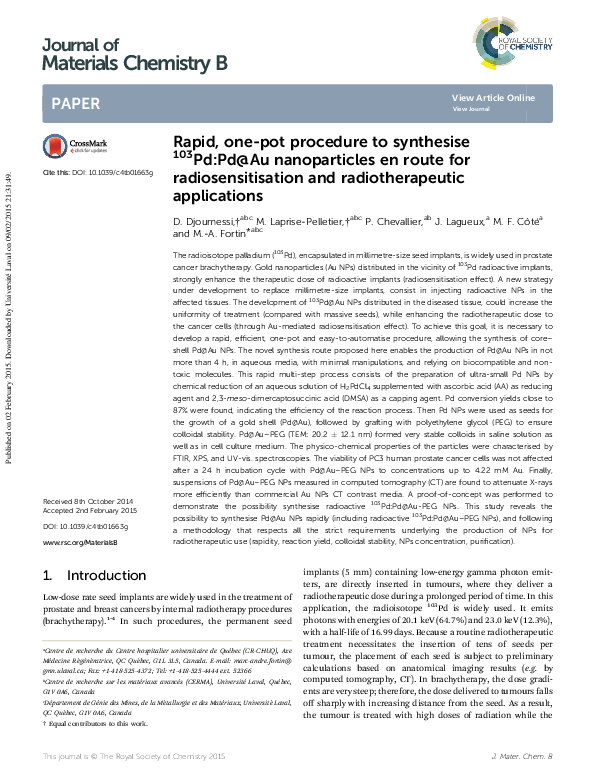 (PDF) Rapid, one-pot procedure to synthesise 103Pd:Pd@Au nanoparticles ...