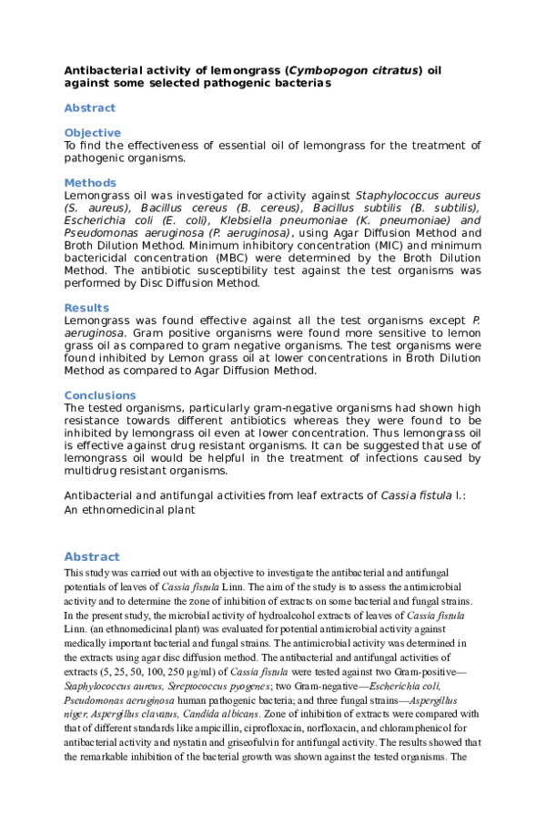 (DOC) Antibacterial activity of lemongrass (Cymbopogon citratus) oil against some selected ...