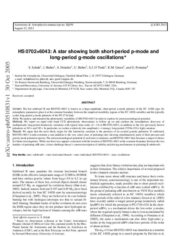 (PDF) HS 0702+6043: a star showing both short-period p-mode and long ...